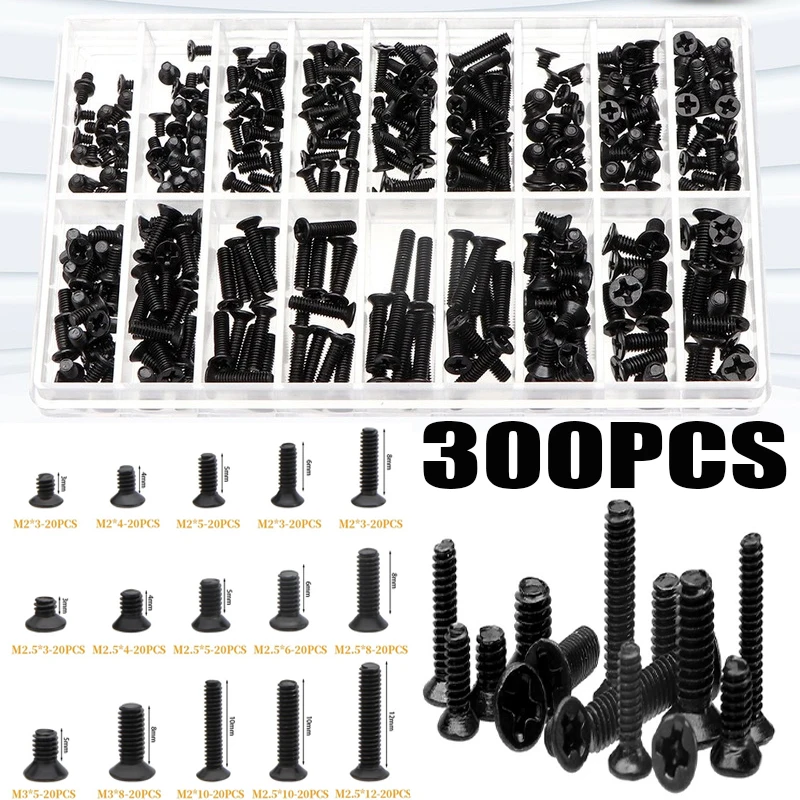 300 Pcs M2 M2.5 M3 Laptop Notebook Computer Screws Kit Black Flat Head ...