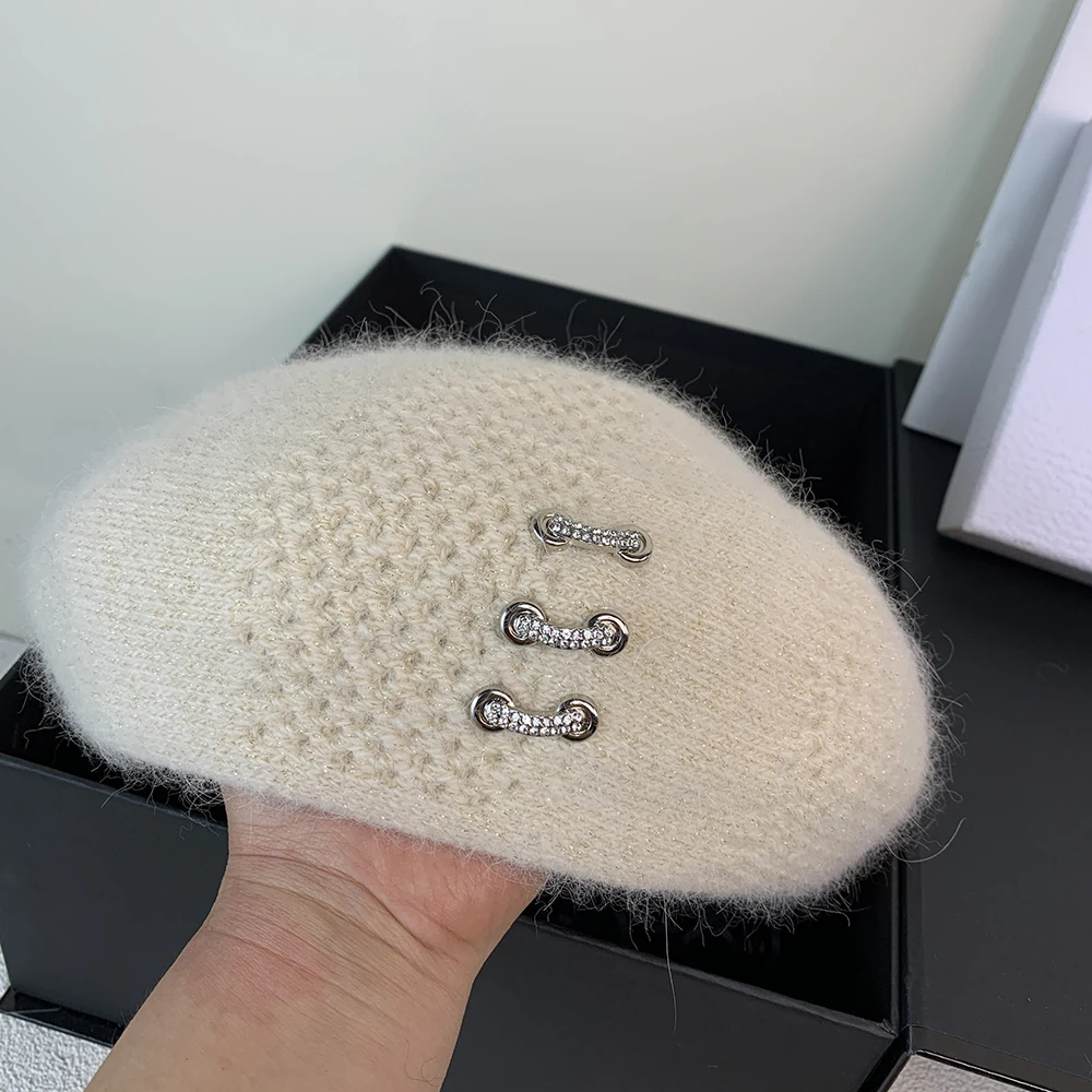 Designer Women's Beret Real Rabbit Fur Knitted Hat Winter Warm Beanie ...