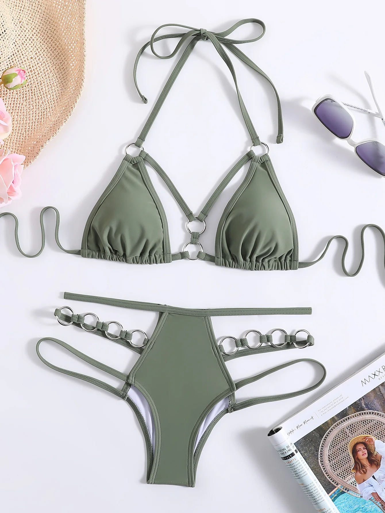sexy-army-green-push-up-ring-bikinis-sets-two-pieces-high-waist-padded ...