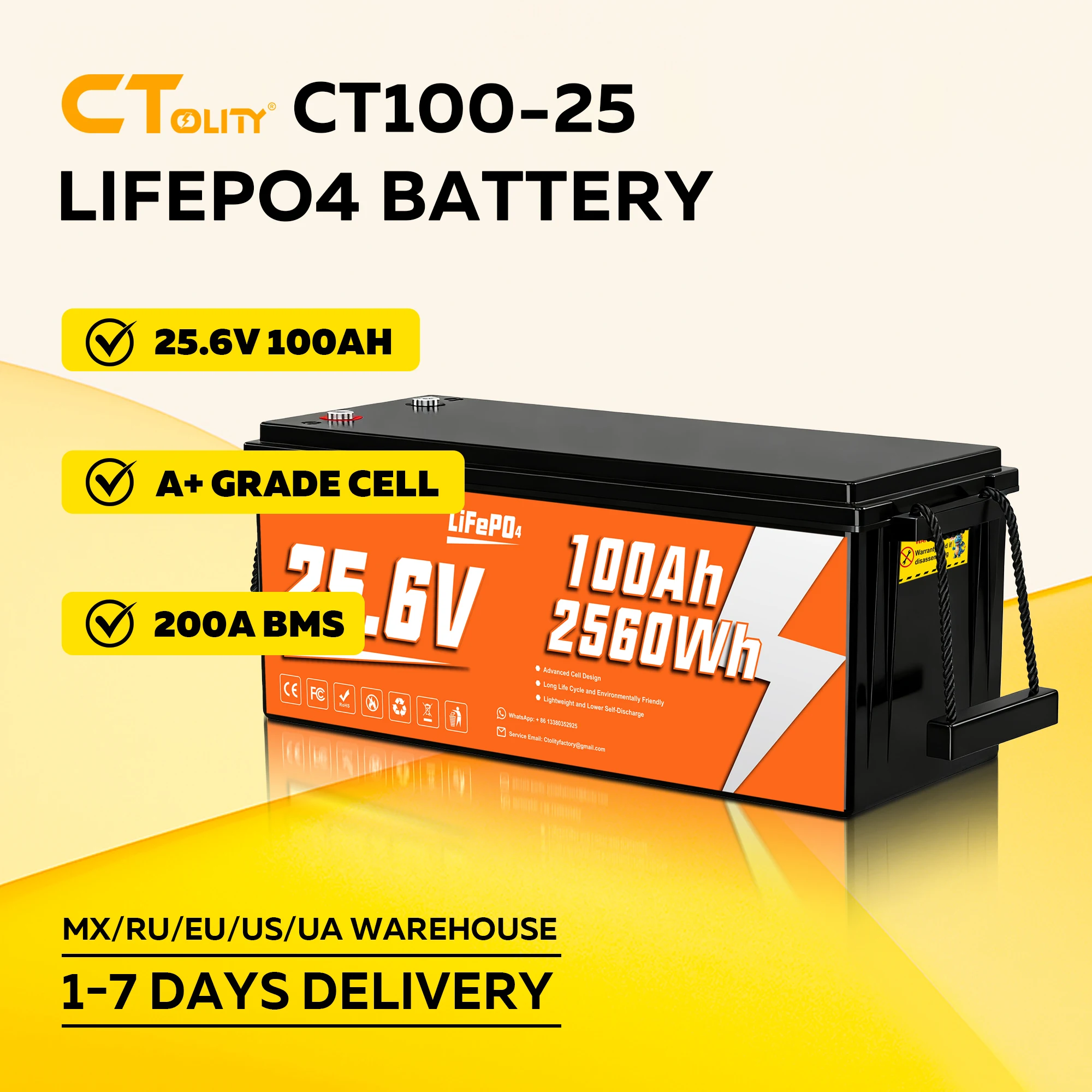 CTOLITY CT100-25 25.6V 100Ah 2560Wh LiFePO4 Battery Built-in 100A BMS A ...
