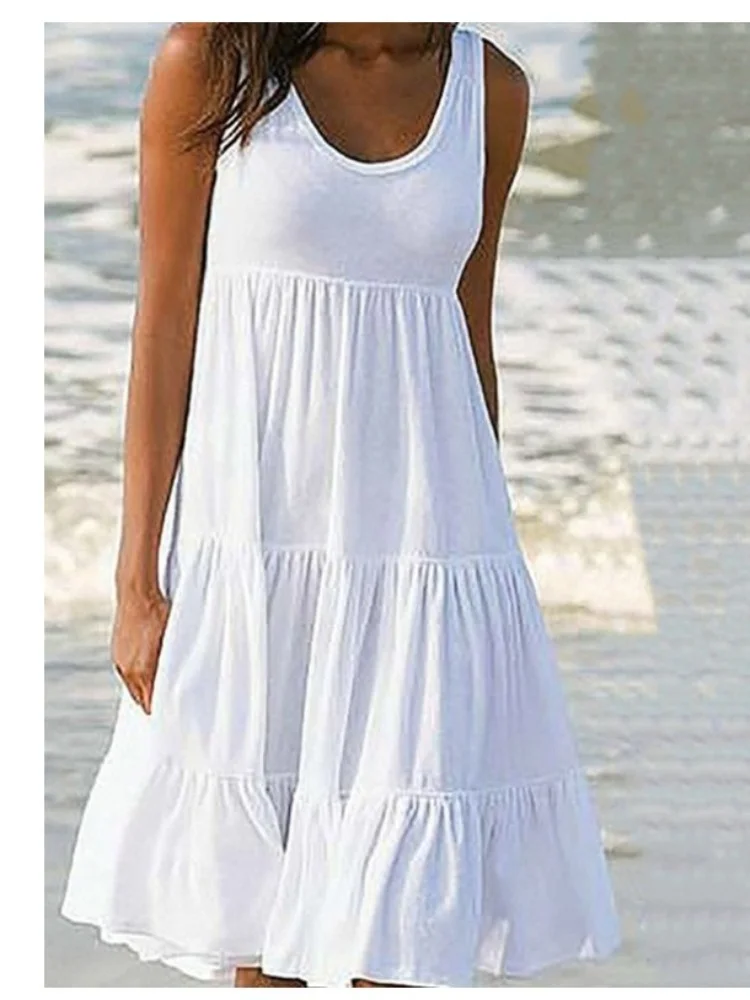 Oversized O Neck Sleeveless Ruffles Loose Beach Dress Women Boho Solid ...