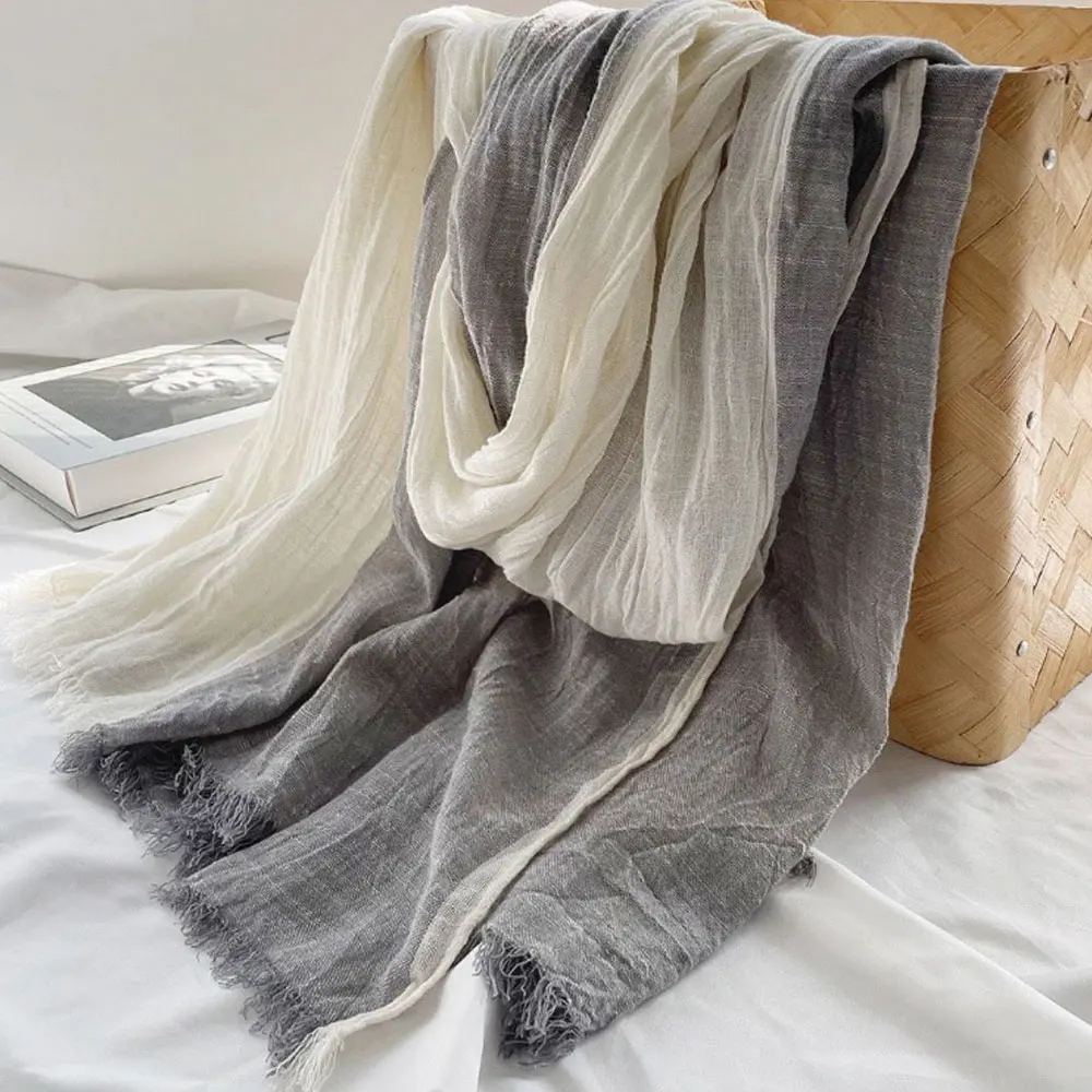 1Pc Retro Muffler Color Blocked Shawl Tassel Long Scarf Cotton Wraps ...