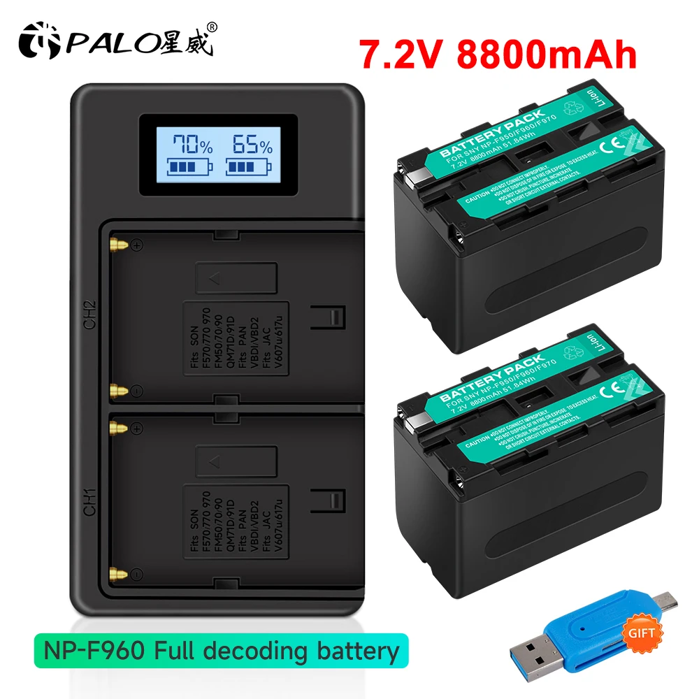 Palo 7200mah Np F970 Np-f960 Bateria Indicador De Energia Batterie + Ultra Rápido Lcd Carregador ...