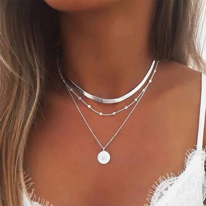 925 Sterling Silver Three-Layer Round Necklace Simple Snake Chain Charm ...