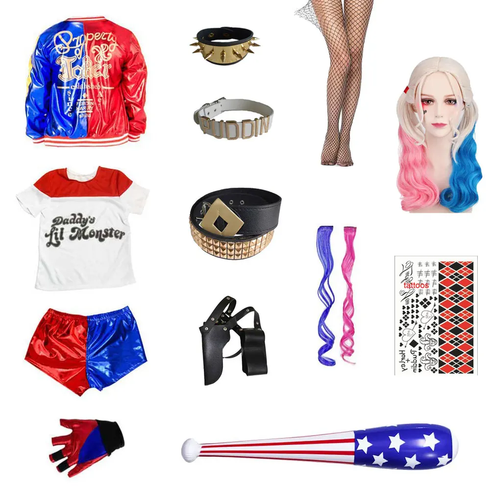 Disfraz de Quinn para niñas con chaqueta de Harley, camiseta y pantalones cortos, kit de disfraz ...