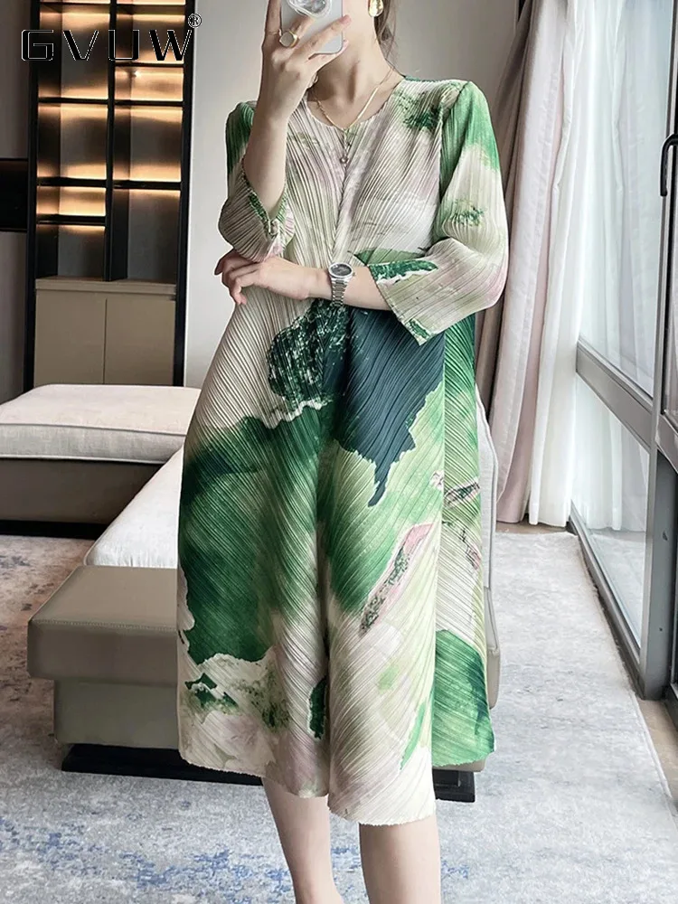GVUW-Pleated-Print-Dress-Women-Round-Collar-Full-Sleeve-Fashion-Casual ...