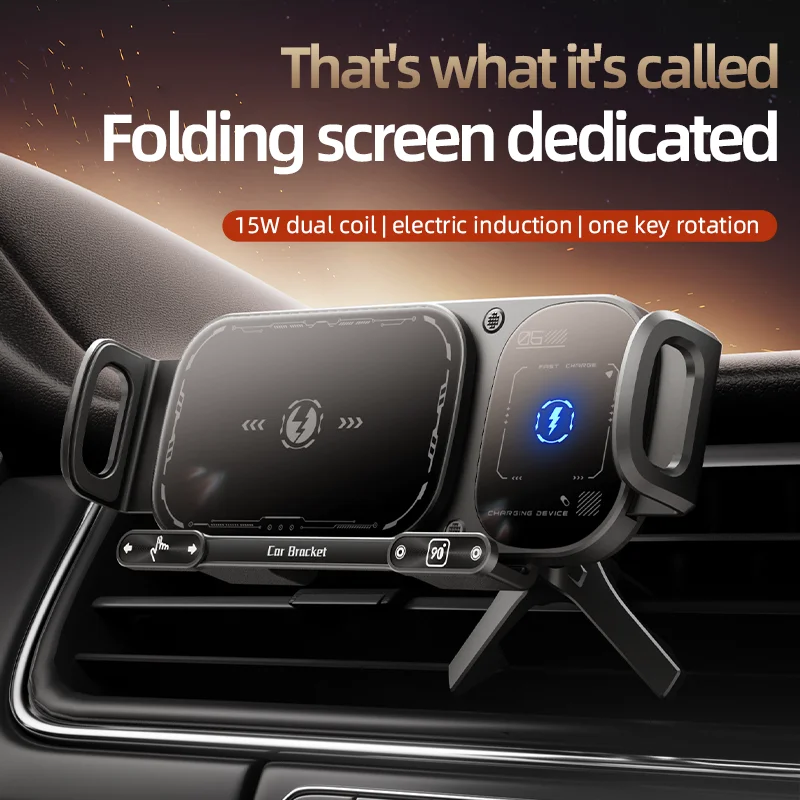 Fold Screen Car Wireless Charger Dual Coil Mount 15W Fast Car Charging ...