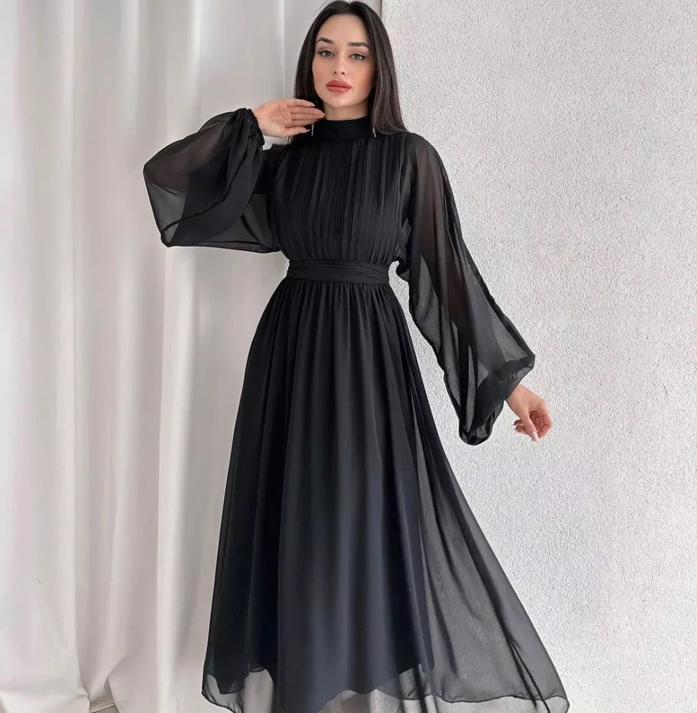 Qcenkern-High-Neck-Black-Prom-Dresses-Puffy-Sleeves-Simple-Pleats-A ...