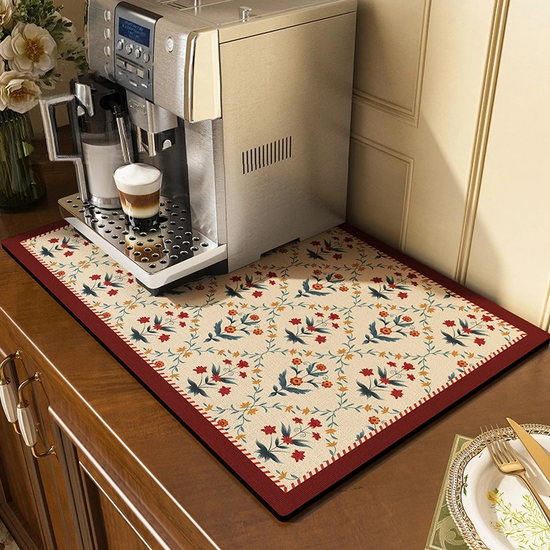 Retro Kitchen Absorbent Drain Pad Coffee Bar Dish Drying Mat Quick Dry ...