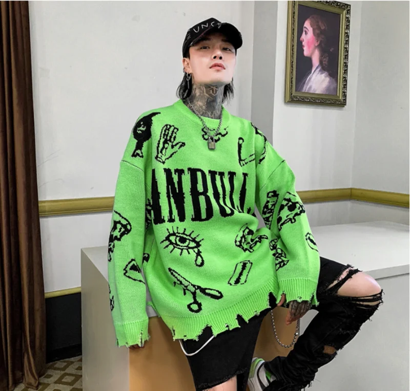 Outono inverno rasgado buraco punk hip hop suéter masculino preto cor ...