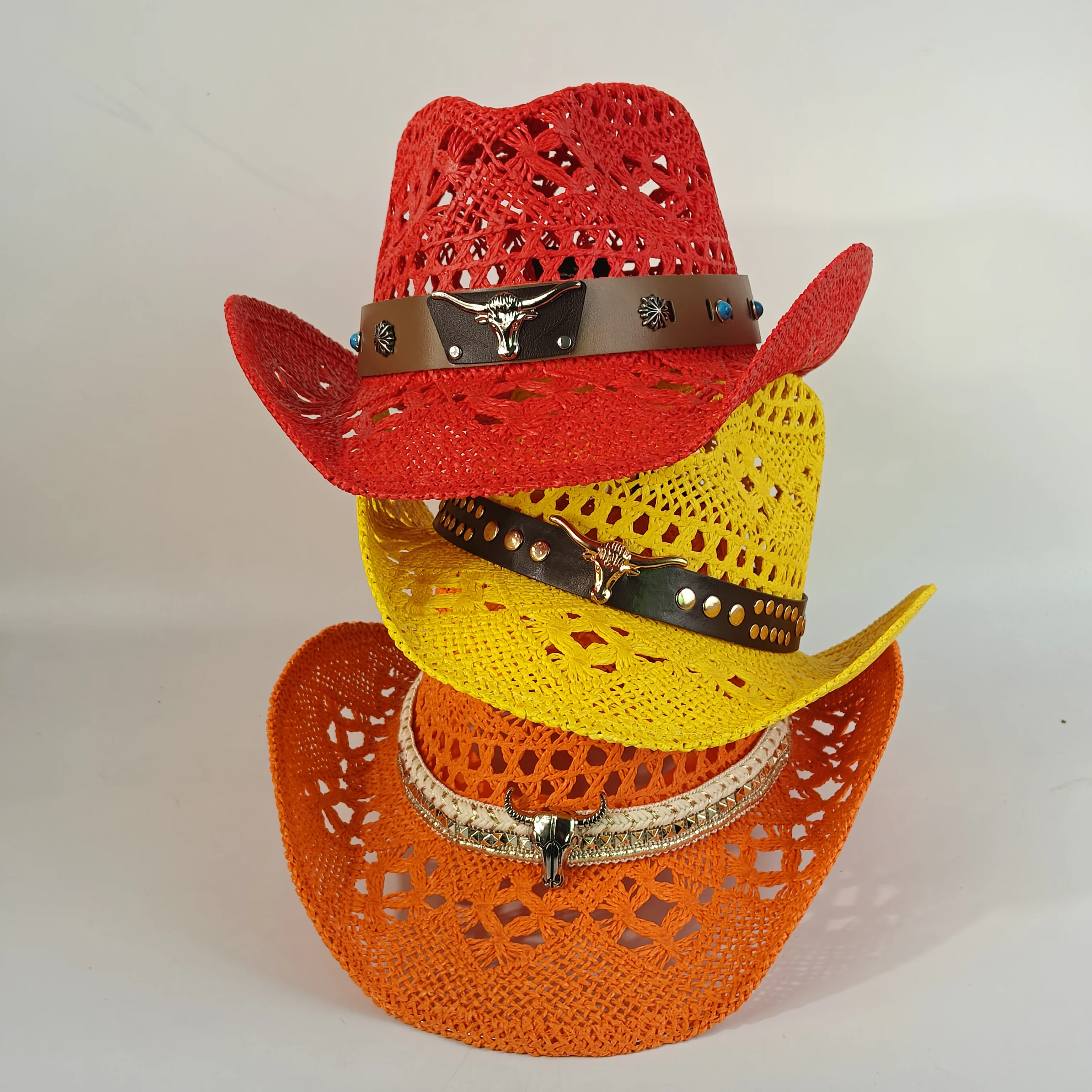 Bull head Belt Hollow Cowboy Hat for Men Women Vintage Handmade Straw ...