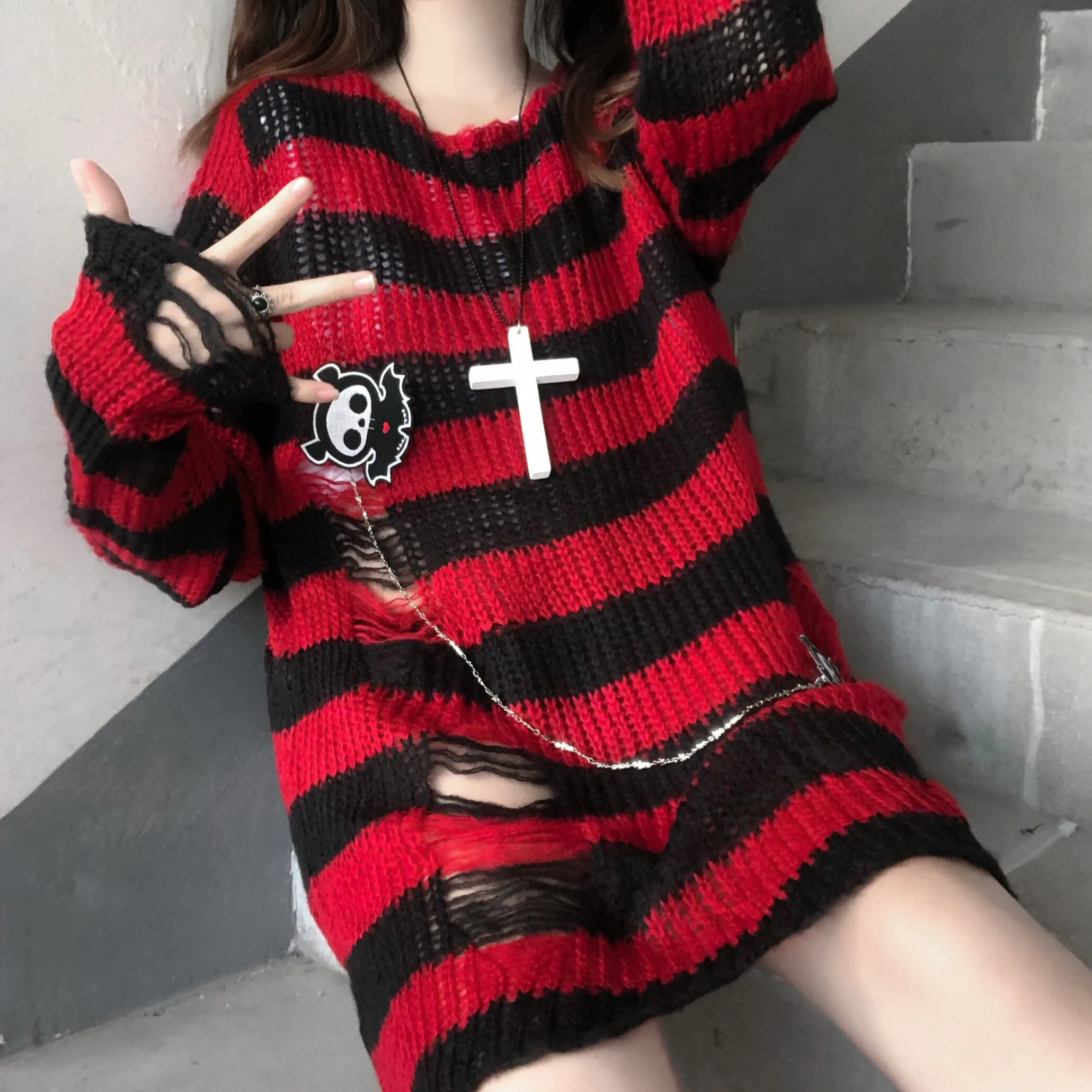 Striped Gothic Loose Sweater Women Ripped Holes Hip Hop Punk Knitted ...