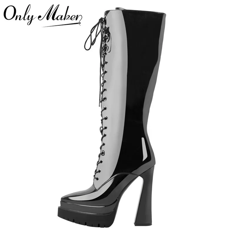 Onlymaker-Woman-Pointed-Toe-Platform-Black-Zipper-Knee-High-Boots-High ...