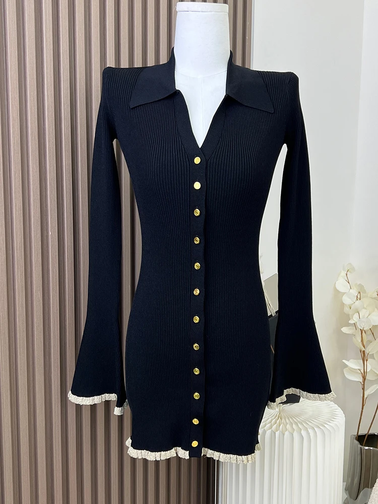 Autumn Winter French Vintage Knit Long Sleeve V-Neck Dress Women 2000s ...