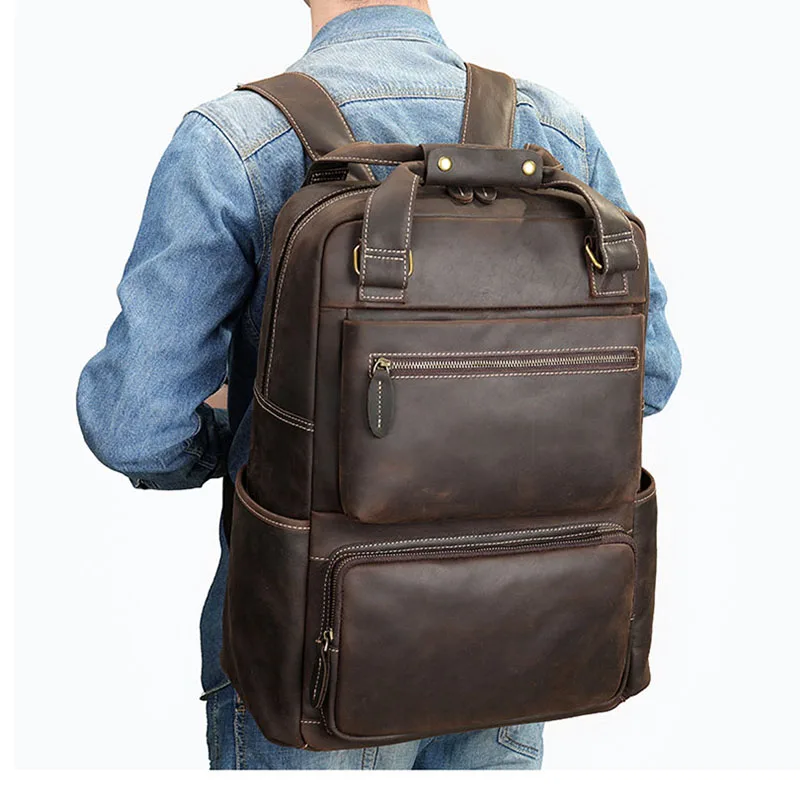 Men's Backpack Crazy Horse Leather Big Capacity Bagpack Fit 17" PC ...