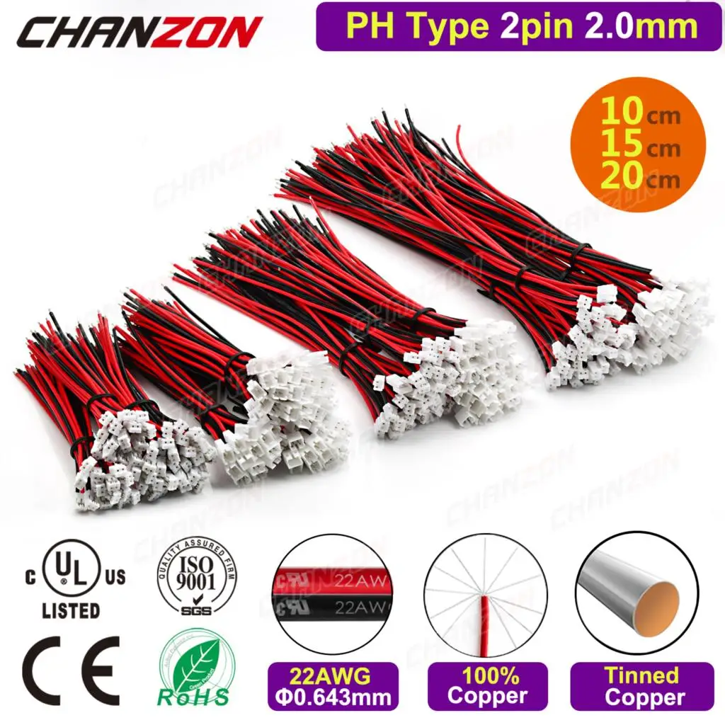 22AWG PH 2mm connecteur câble pour JST PH2.0 2.0mm 2 broches adaptateur JST-PH 2 broches micro ...