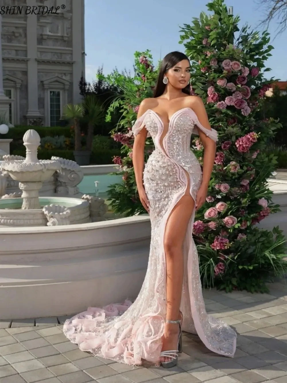 SHIN-BRIDAL-Sequin-Pearls-Side-High-Split-Evening-Dress-for-Women-Off ...