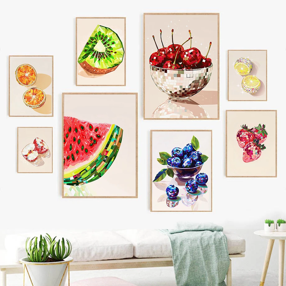 Strawberries Kiwi Fruit Cherry Lemon Blueberry Disco Fruit Art Wall Art ...