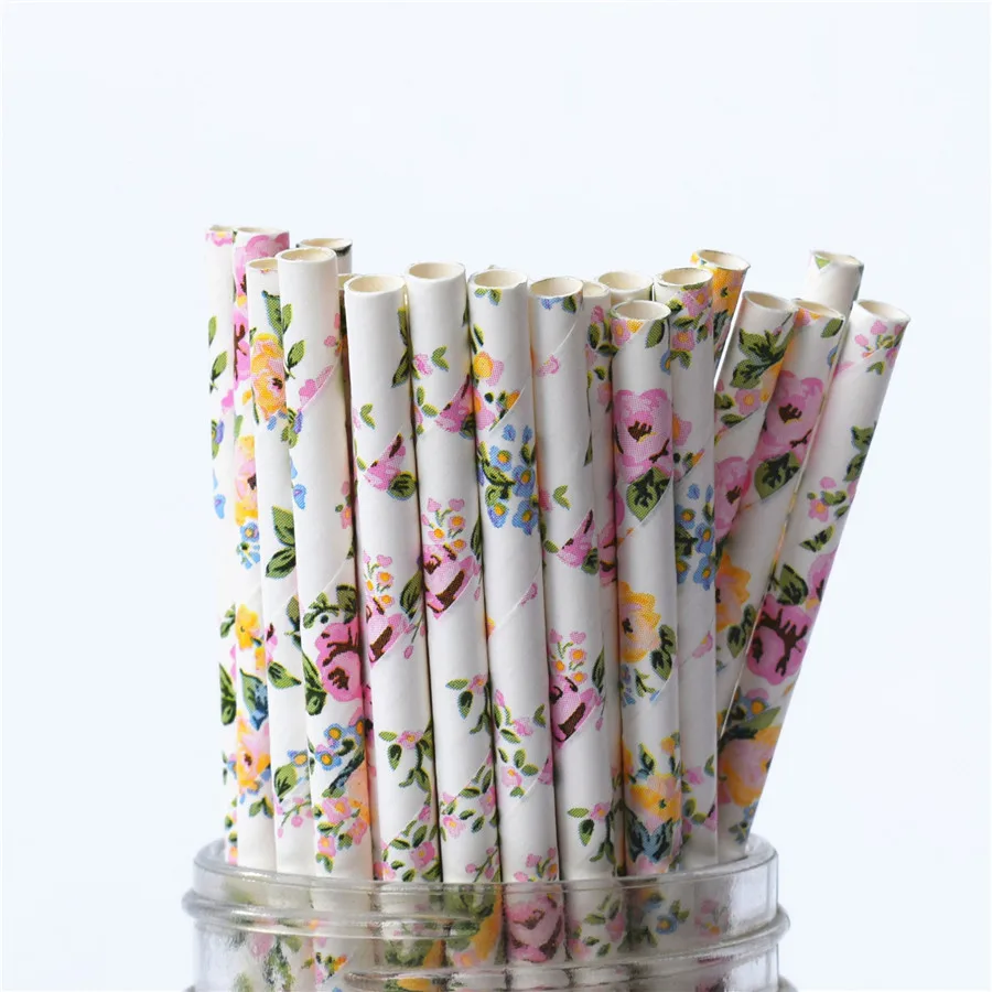 25/50/100pcs Romantic Paper Straws Biodegradable Vintage Retro Floral ...