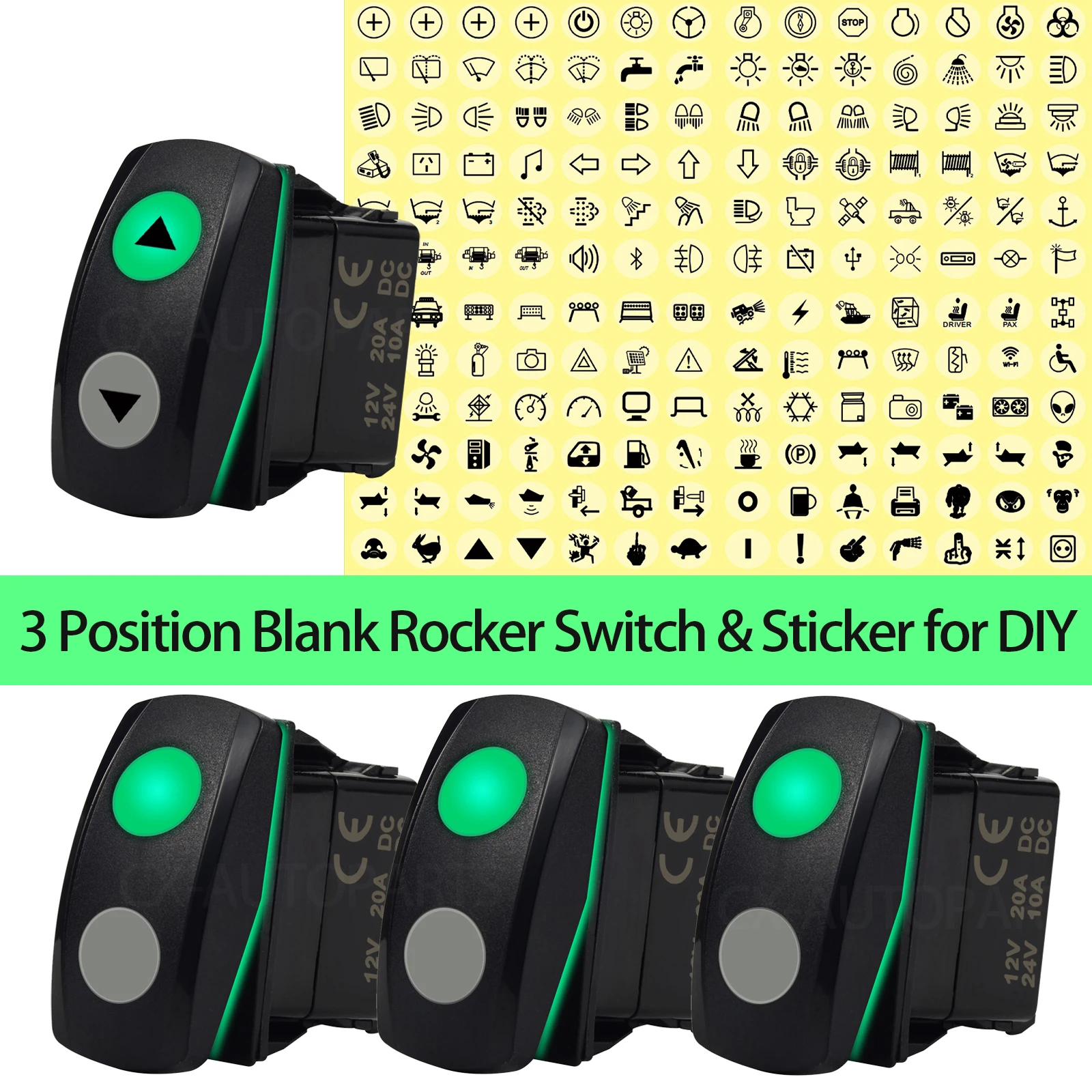 12V 24V Green Light Rocker Switch 3 Position ON OFF ON / Momentary ...
