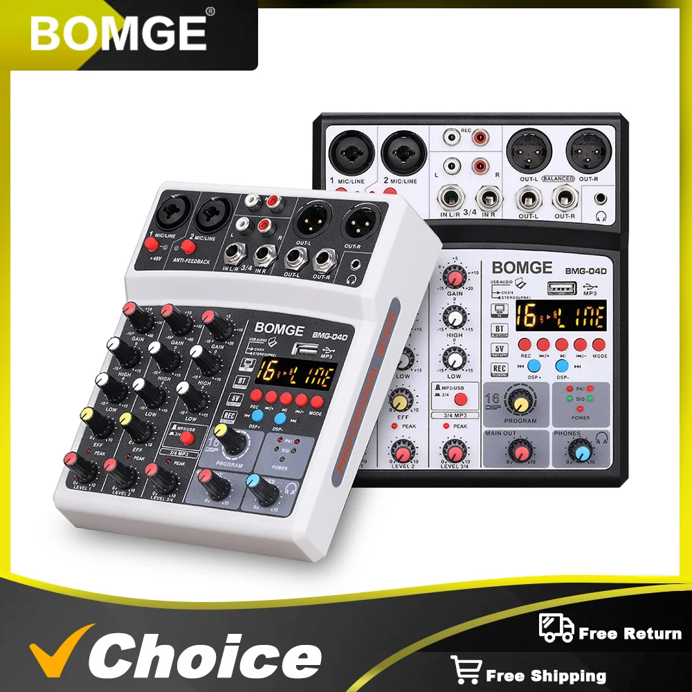 BOMGE 4 Channels Audio Sound Mixer Mixing DJ Console USB with 48V Phantom Power 16 DSP Effects