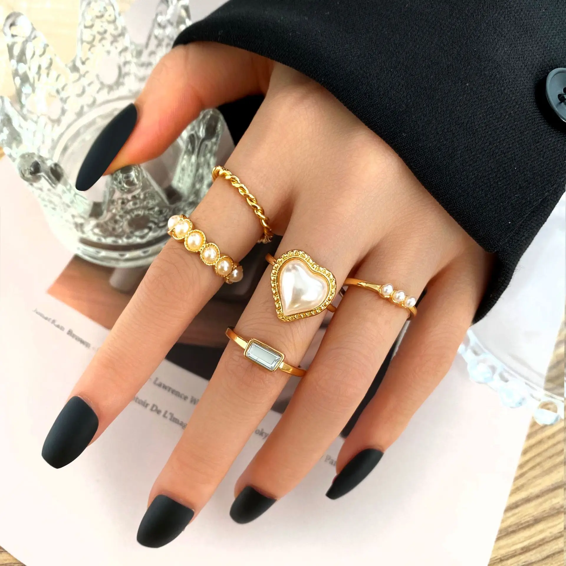 Anillo de perlas de amor de cola de fiesta para mujer, juego de 5 ...