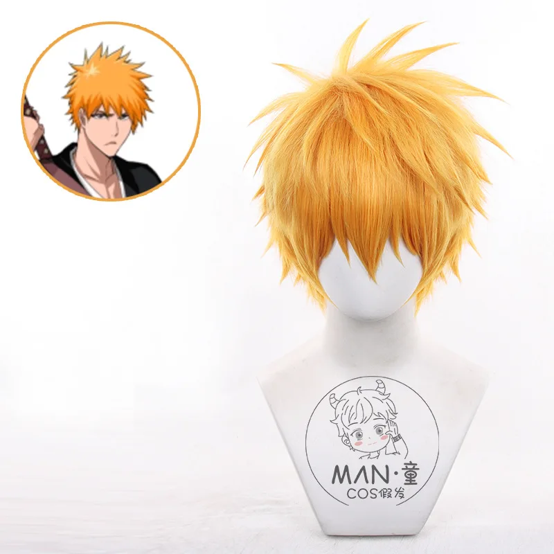 Anime Kurosaki Ichigo Cosplay Wig Short Orange Hair Heat Resistant ...