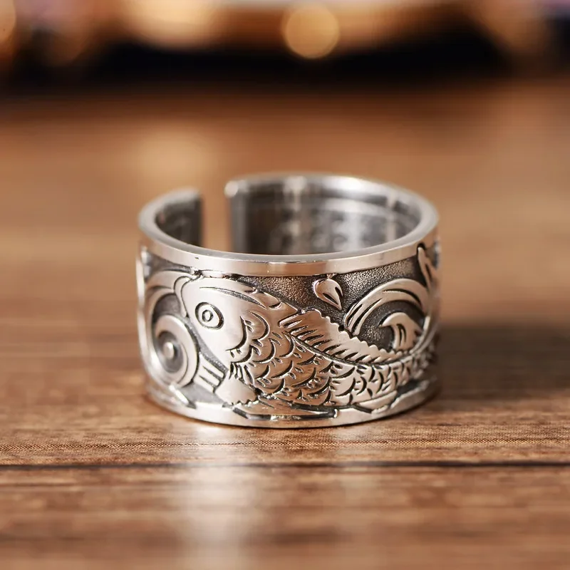 Ethnic Style Silver Color Ring Retro Koi Fish Heart Sutra Opening Men ...