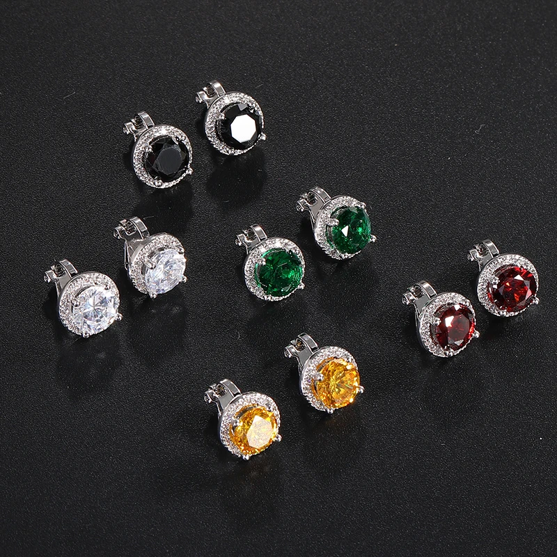Elegant 5 Colors AAA Cubic Zirconia Crystal Clip On Earrings Classic Round Without Pierced ...