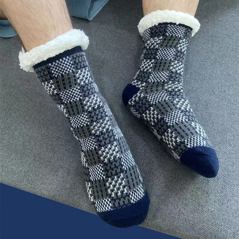 Fluffy-Non-Slip-Socks-Mens-Plaid-Winter-Warm-Short-Cotton-Thickened ...