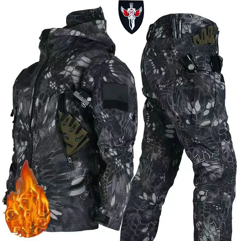 戦術的な冬セットメンズ屋外防風防水スーツマルチポケットソフトシェル