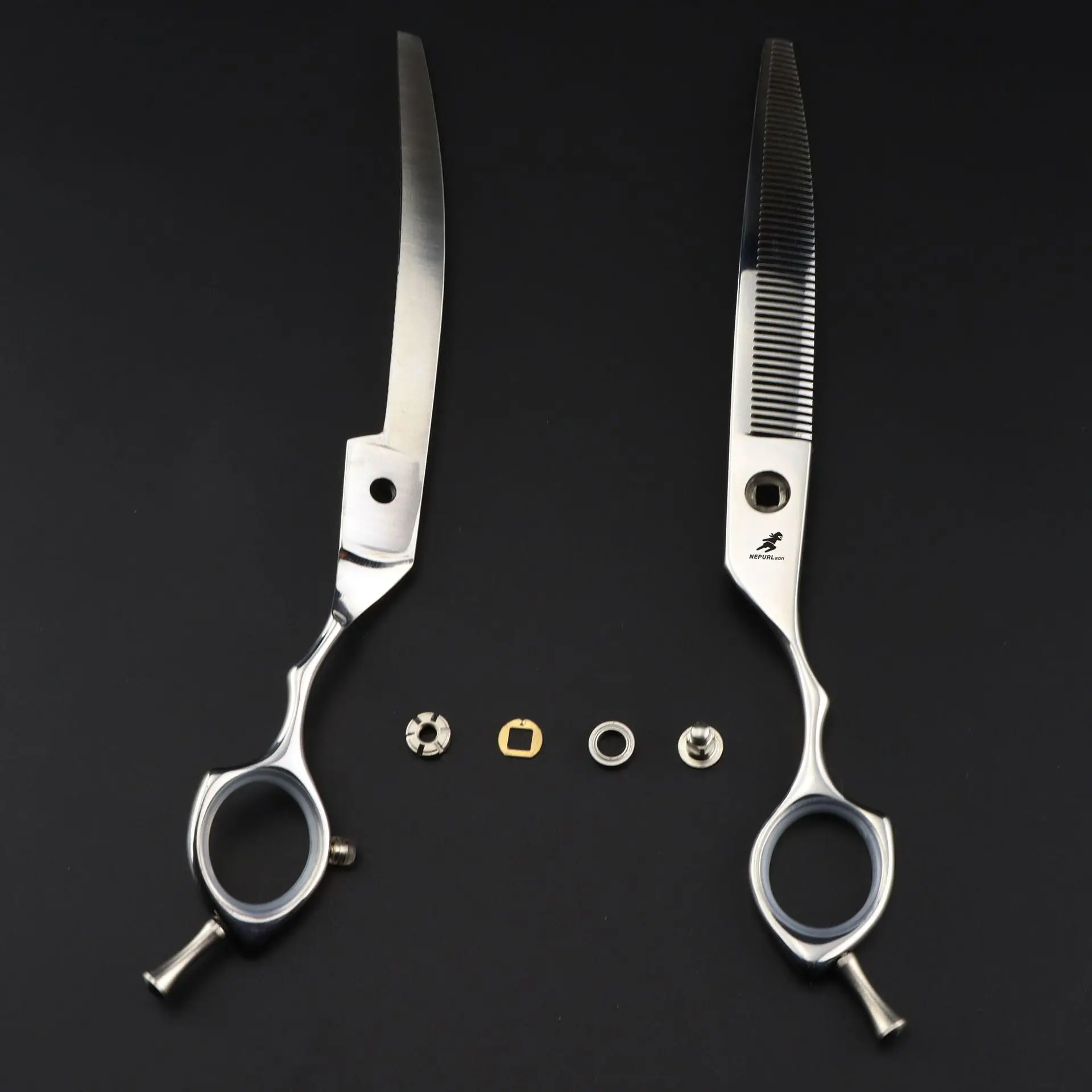 Curved Dog Grooming Scissors Bearing screw 7.5" 440C Thinning Shears ...