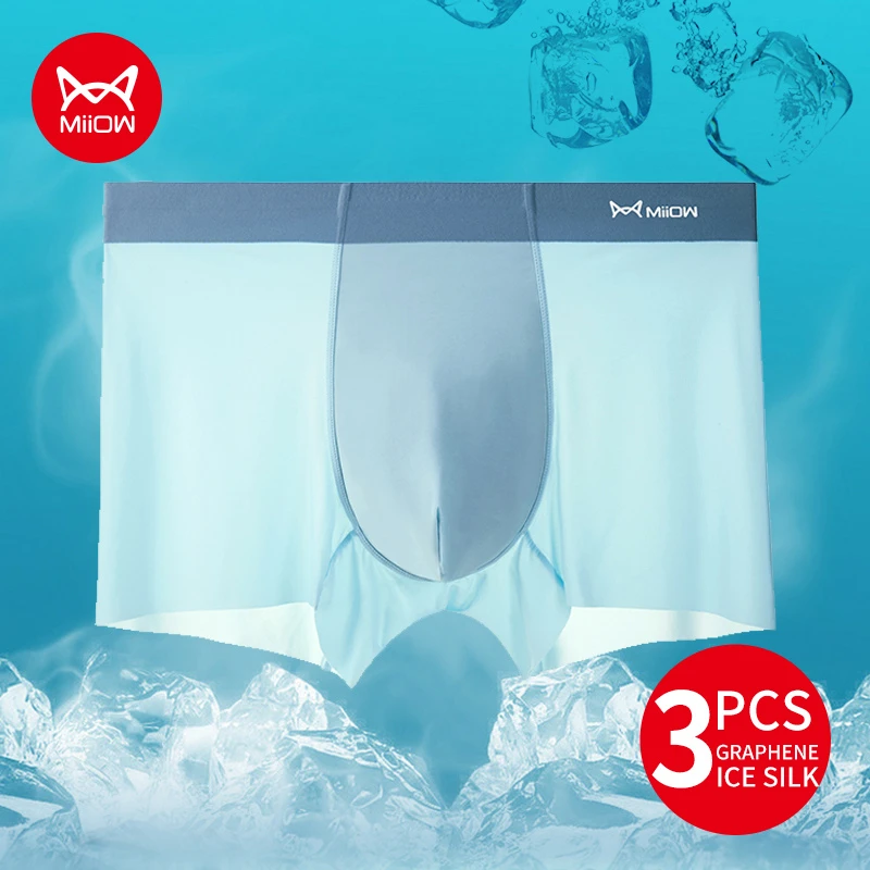 Miiow 3pcs Ice Silk Seamless Men's Panties Mulberry Silk Antibacterial Boxer Shorts Mesh Ultra ...