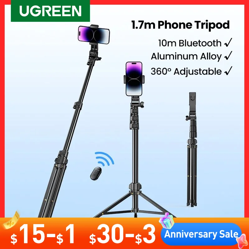 UGREEN 1.7m Phone Tripod Stand For Gopro iPhone Samsung Xiaomi Foldable Aluminum Phone Holder ...