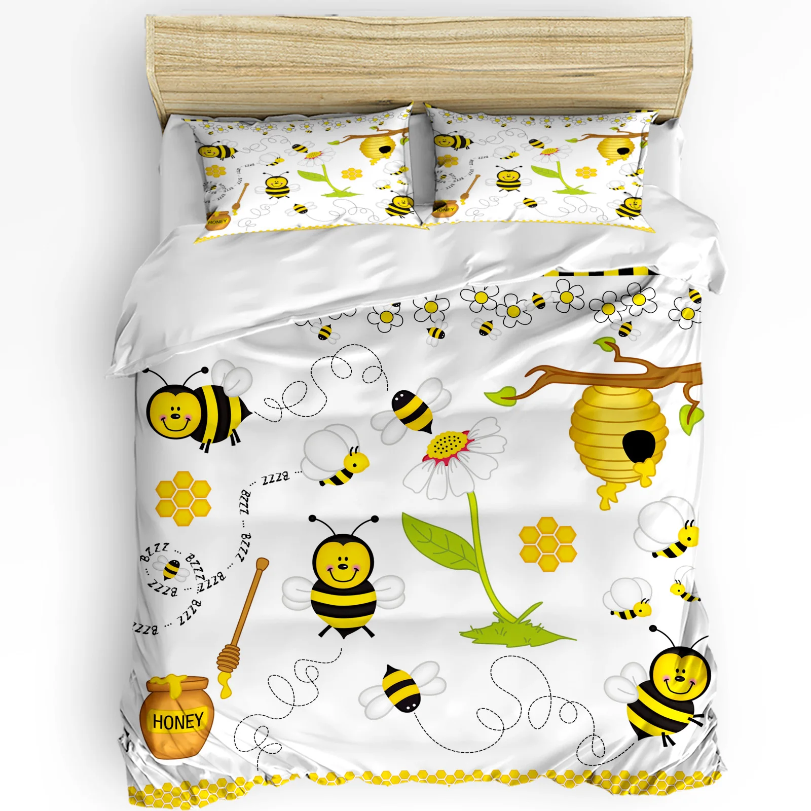 Bee-Cartoon-Flower-Yellow-Bedding-Set-3pcs-Boys-Girls-Duvet-Cover ...