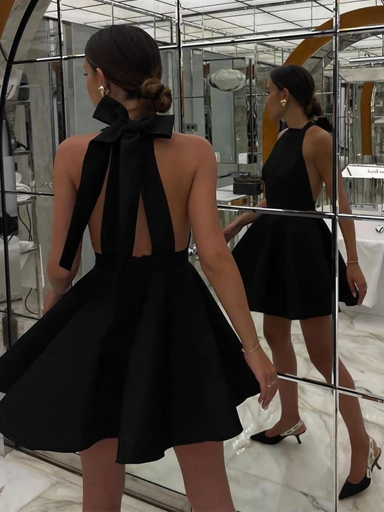 Vintage Satin Backless Halter Black Short Dress Women's Lace-up Pocket ...