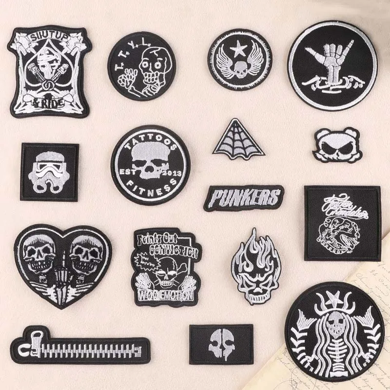 Punk Clothes Iron On Patches,skull Embroidered Black Applique Badges ...