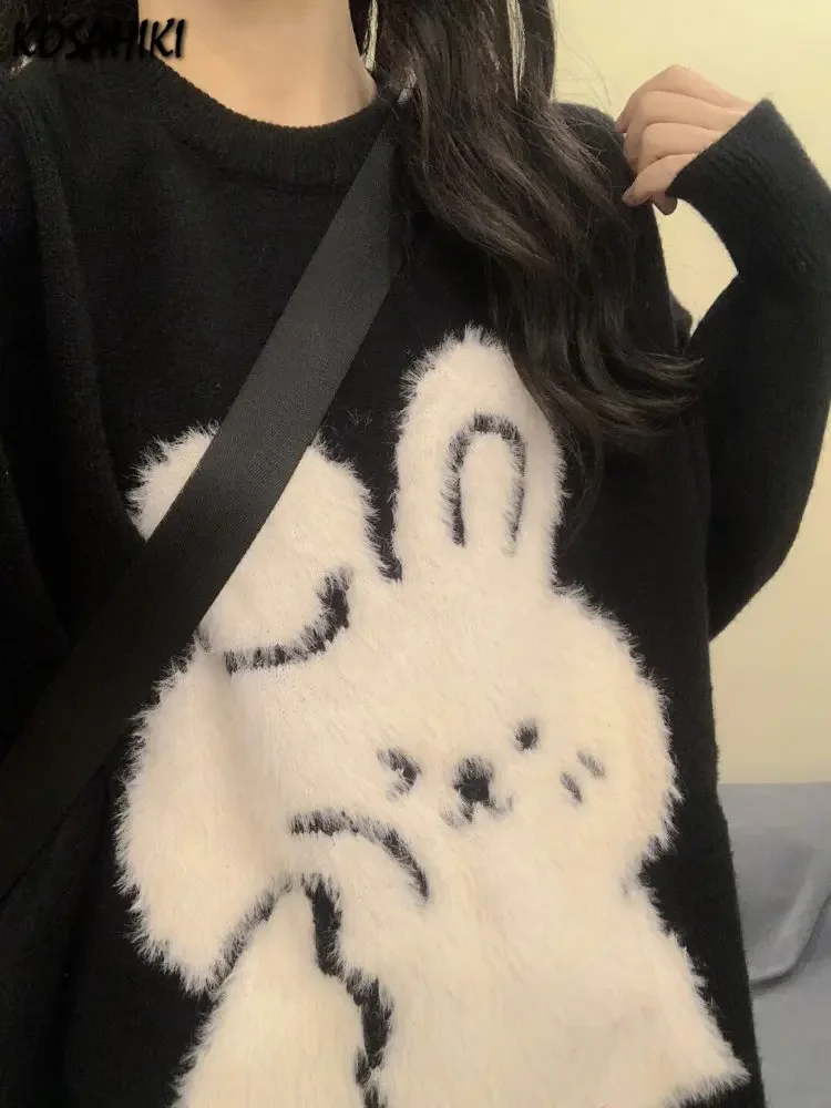 KOSAHIKI Japanese Cute Rabbit Jacquard Sweater Women Black Pullover ...