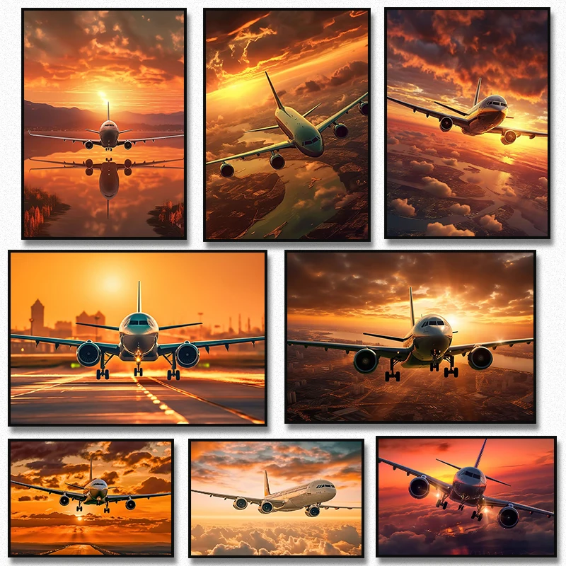 Sunset-Aviation-Airplane-Canvas-Painting-Poster-Picture-Wall-Art-HD ...