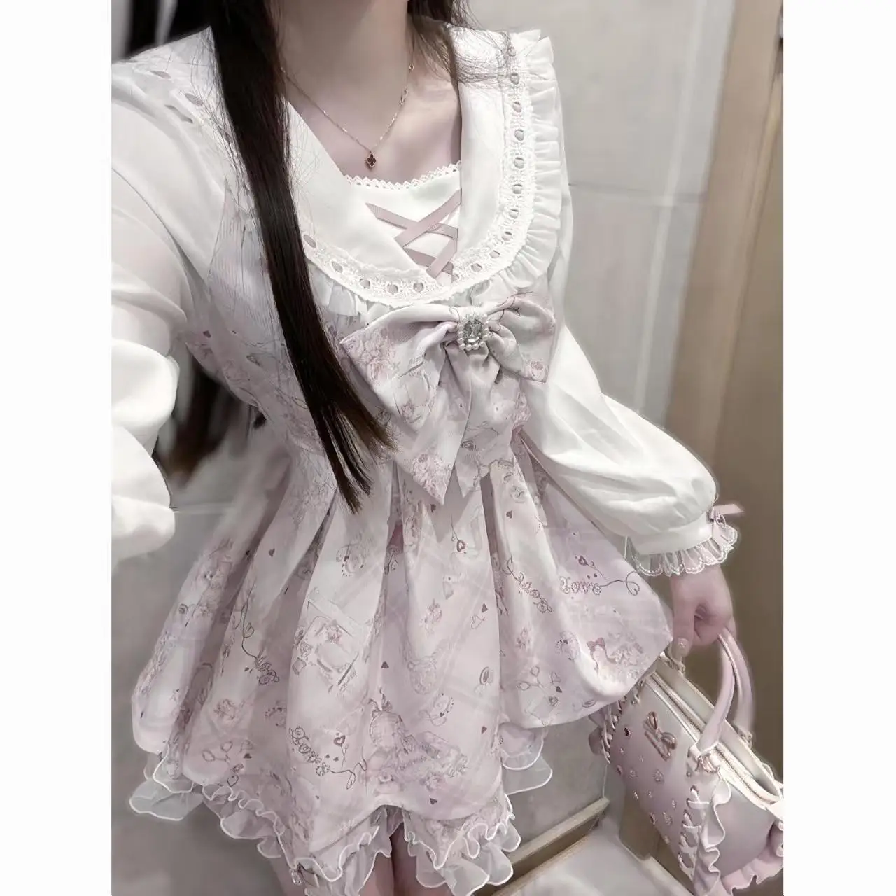 Japanese Y2K Sweet Lolita Dress Jirai Kei Yami Style Bow Ruffle Lace ...