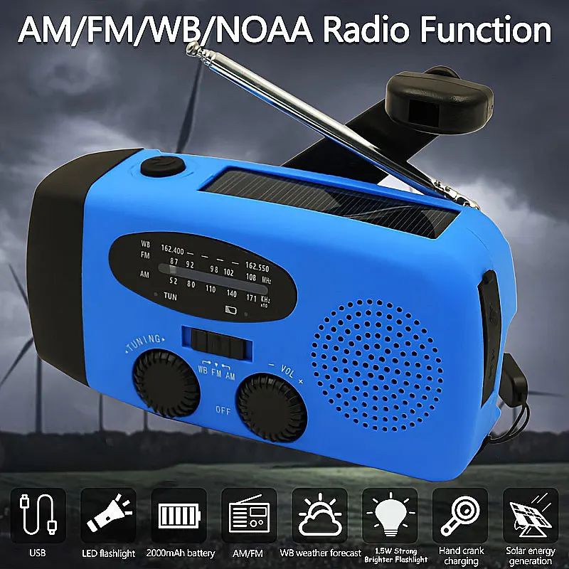2000mAh rechargeable portable radio Solar Hand Crank emergency radio ...