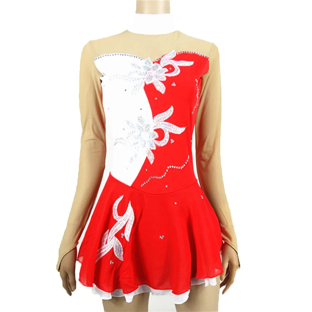 Liuhuo 여자 여자 아이스 피겨 스케이팅 복장 성능 체조 대회 레오타드 의상 레드 댄스 롤러 청소년무도회장