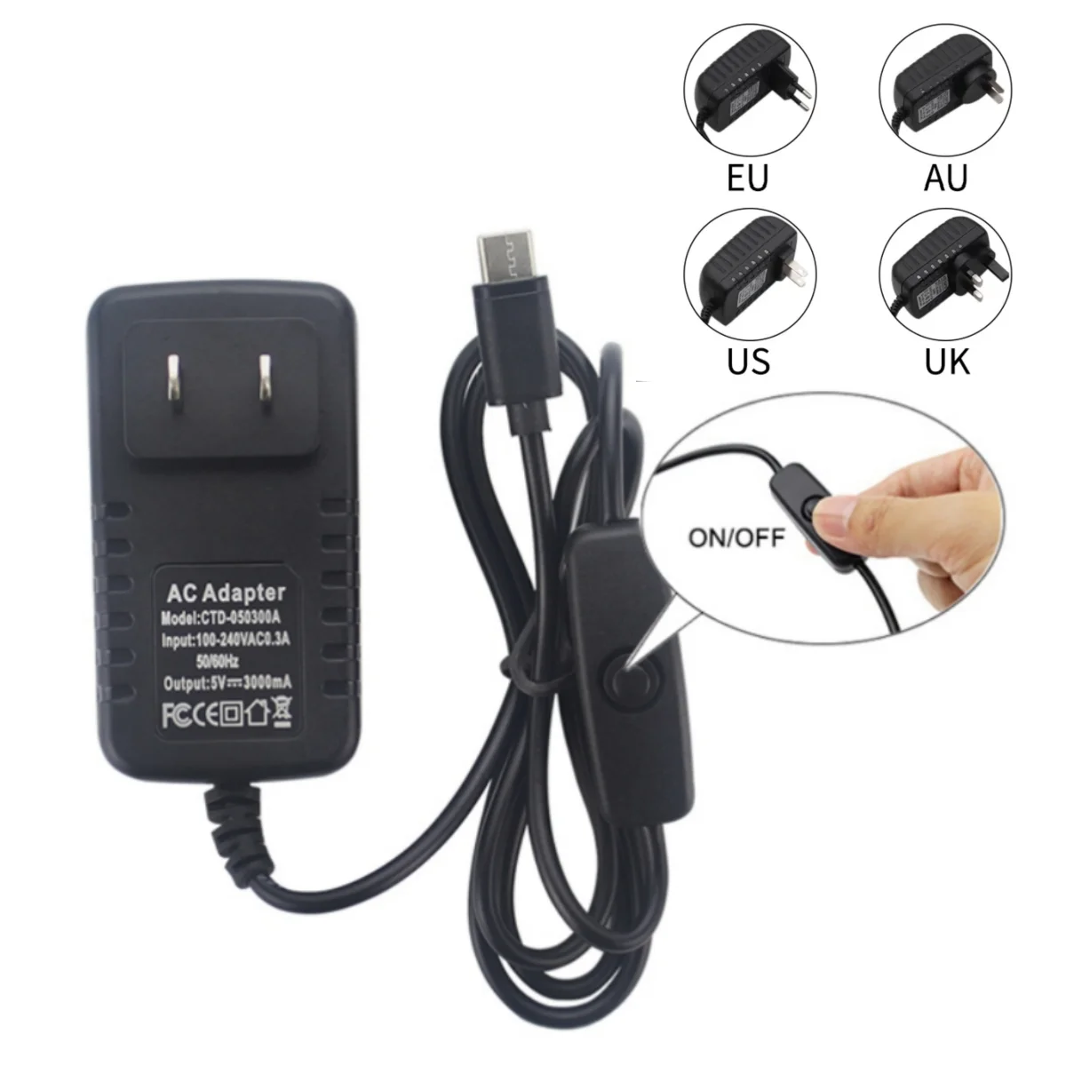 5V-3A-Raspberry-Pi-Power-Supply-MicroUSB-USA-UK-Power-Supply-with-on ...