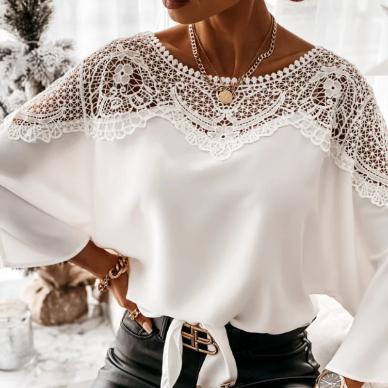 Camisas blancas con costura de encaje para mujer, Blusas de encaje bordado de ganchillo, Blusas ...