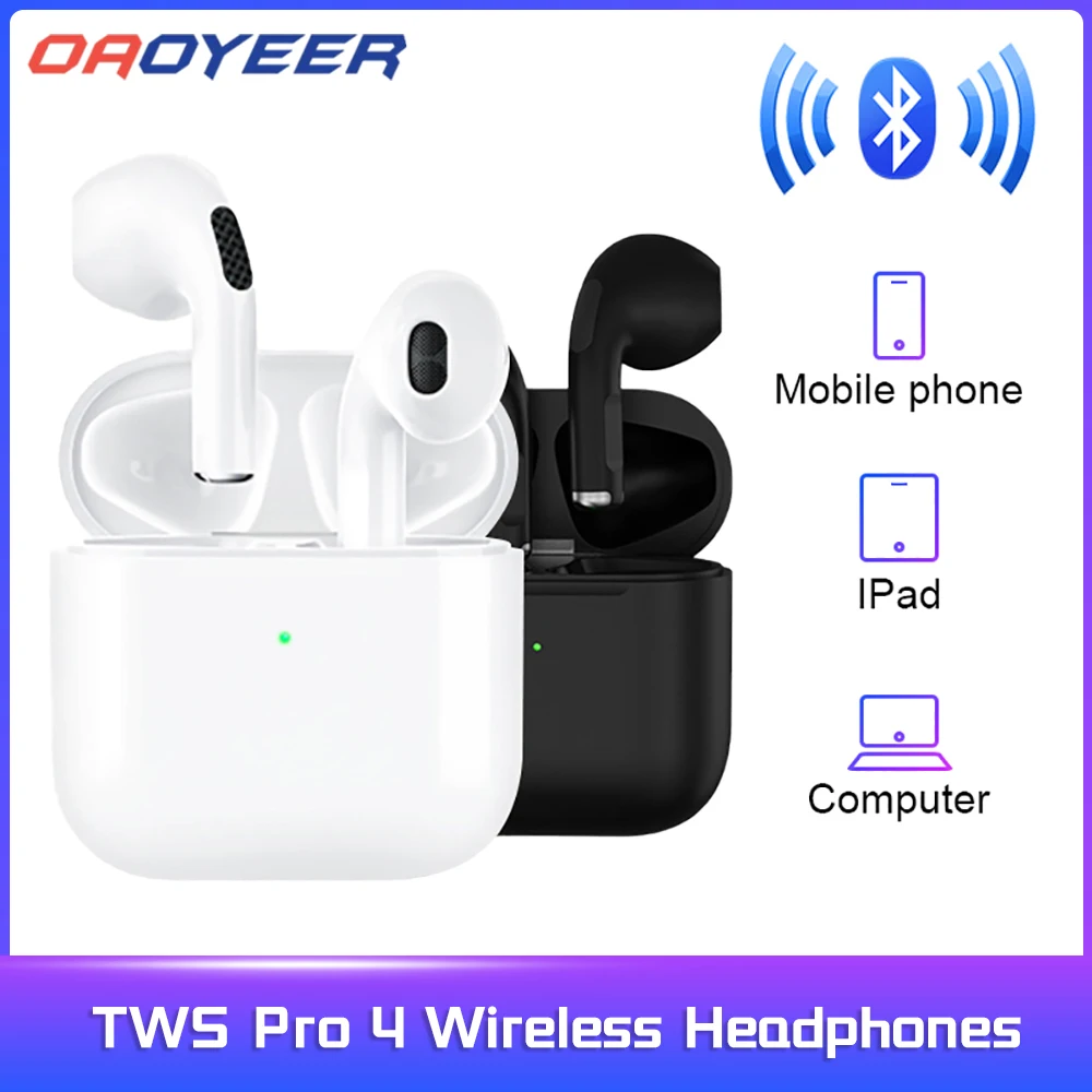 TWS Pro 4 무선 헤드폰 블루투스 호환 5.0 스포츠 인이어 스테레오 무선 이어폰, iPhone Xiaomi 용 음악 이어 ...