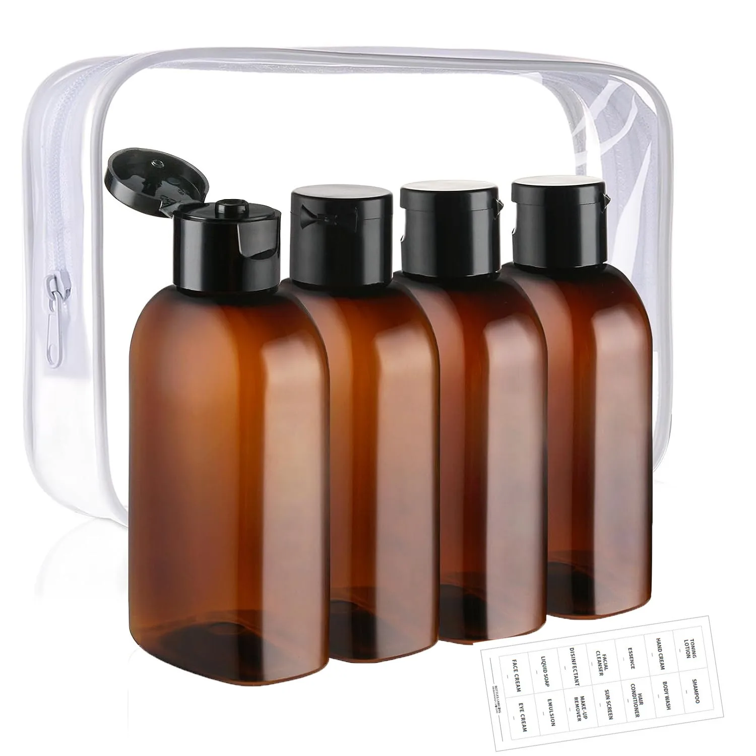 4pcs 100ml Travel Bottles With Label & Storage Bag Brown Transparent ...