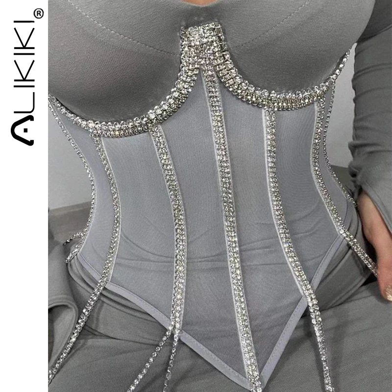 Women's Evening Corset Rhinestone Lace-up Corset Underbust Mesh Bustier ...