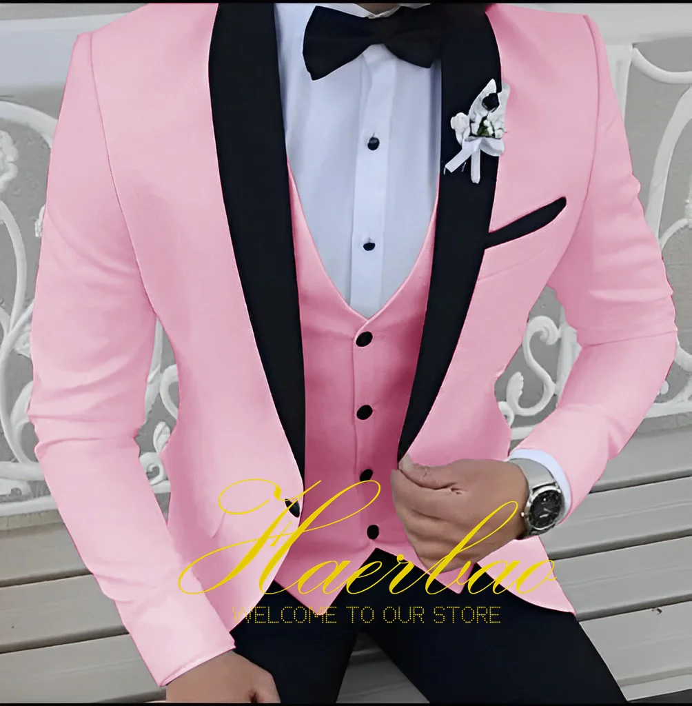 Traje-rosa-para-hombre-esmoquin-Formal-con-solapa-de-chal-negro-traje ...