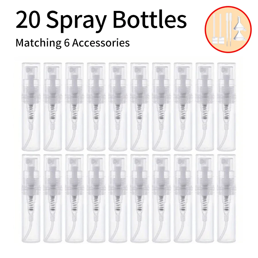 20Pcs+6 Accessories 2ml Mini Plastic Spray Bottle with 20 Snap-on Spray ...