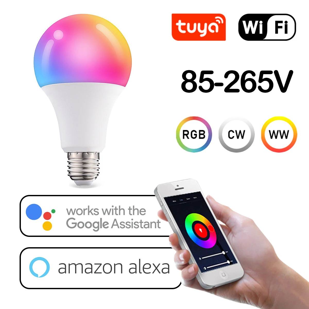 스마트 와이파이 Led 전구 음성 제어 조명 투야 램프 조도 조절 조명 거실용 구글 홈 알렉사와 함께 작동 15w